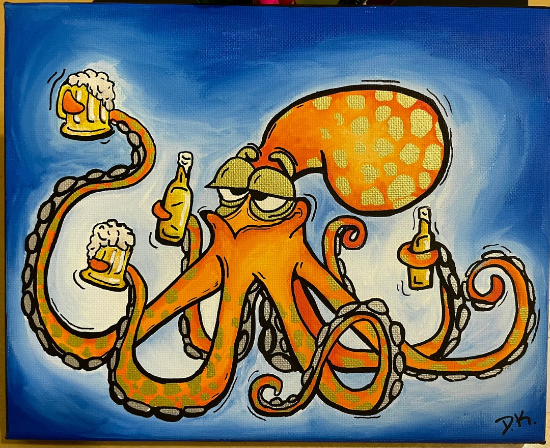 Octopus With Beer- Original Painting - Etsy