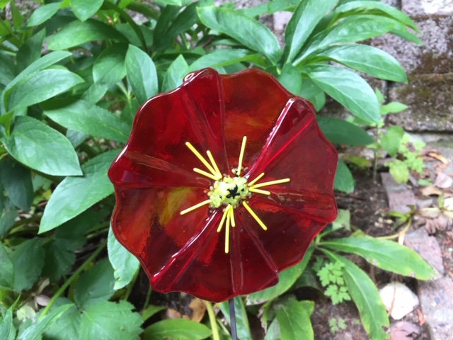 Fused Glass Garden Art Flower Red With Copper Stake - Etsy