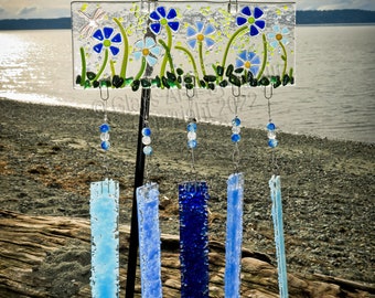 Fused Glass Teal Field of Flowers Wind-chime - Flower Panel Wind Chime ...