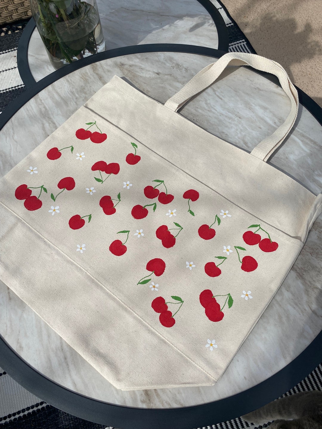 Hand Painted Cherry and Flowers Pattern Tote Bag - Etsy
