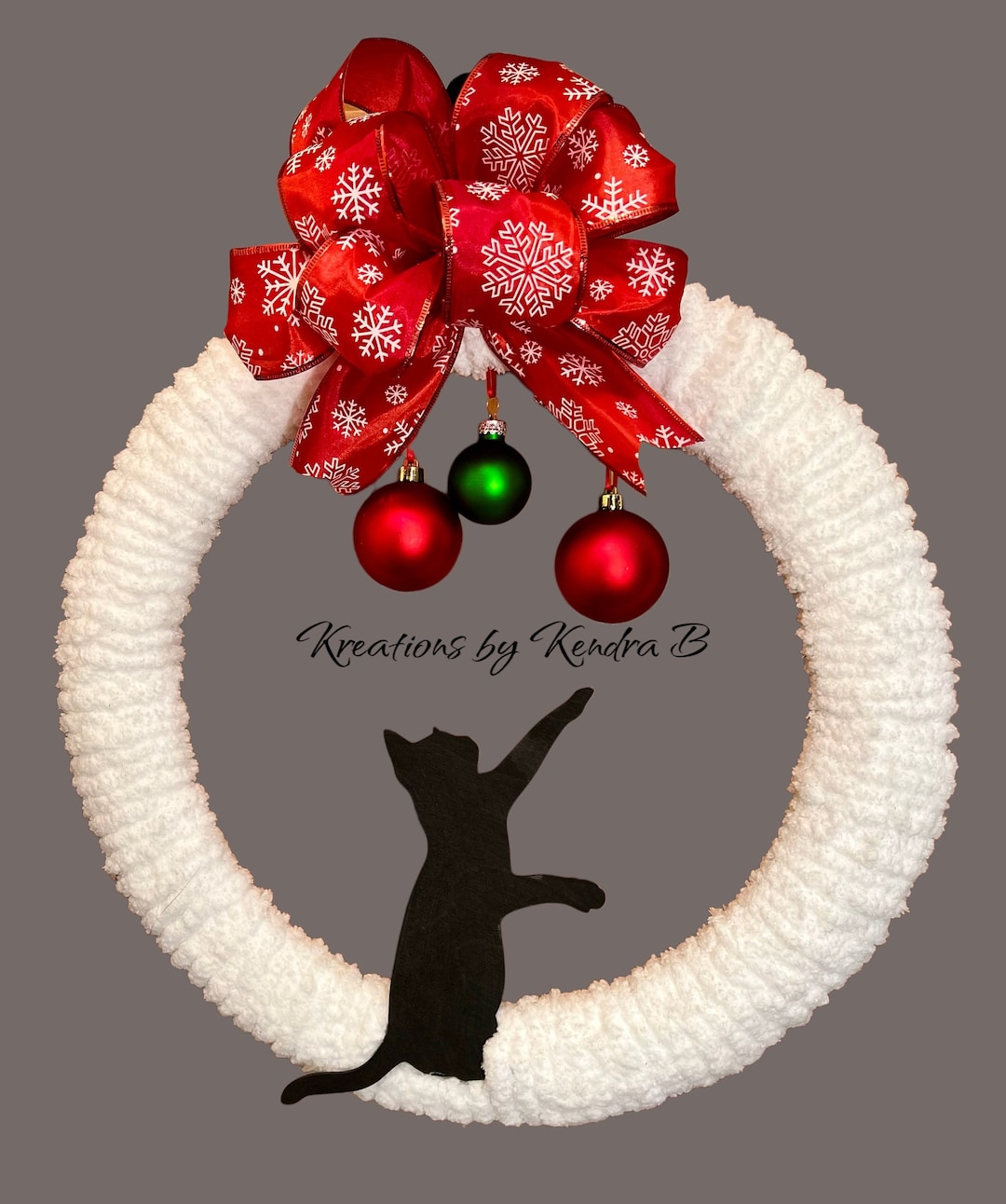 Cat Christmas Wreath, Cat Wreath, Cat Reaching for Christmas Ornaments ...