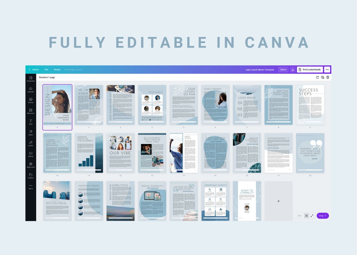 25 Page Soft Blue Ebook Template for Canva, Editable Workbook, Lead ...