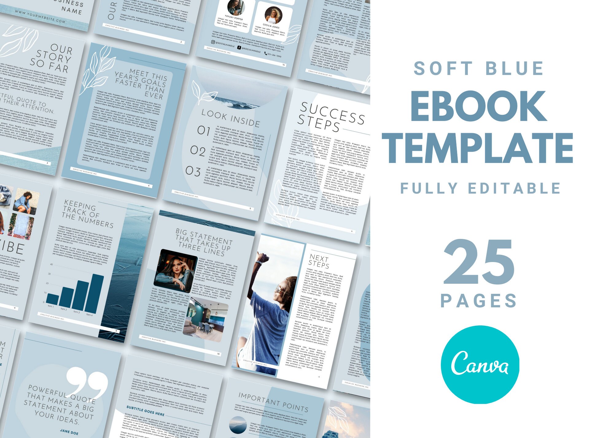 25 Page Soft Blue Ebook Template for Canva, Editable Workbook, Lead ...