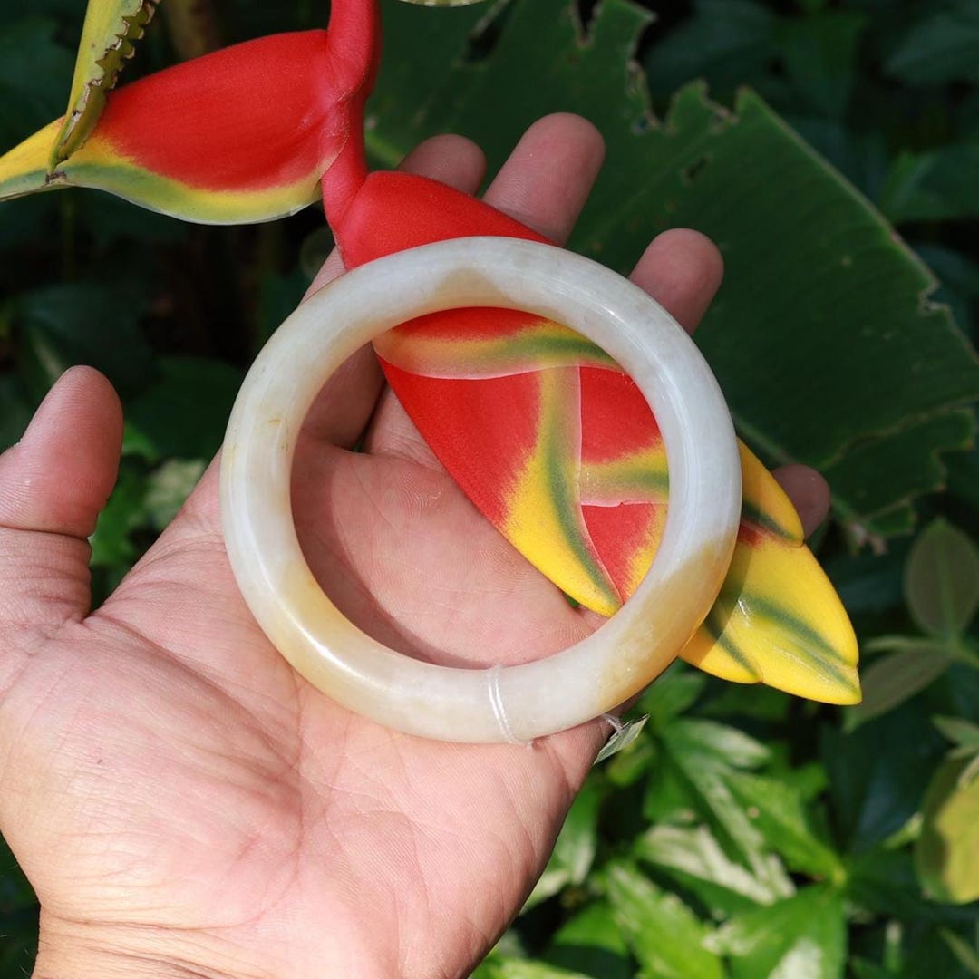 64mm Classic Burmese Jade Bangle Milky White Jadeite With Honey Yellow ...