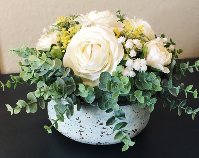 Faux Cream Ranunculus and Greenery Arrangement Rustic Home Decor White ...