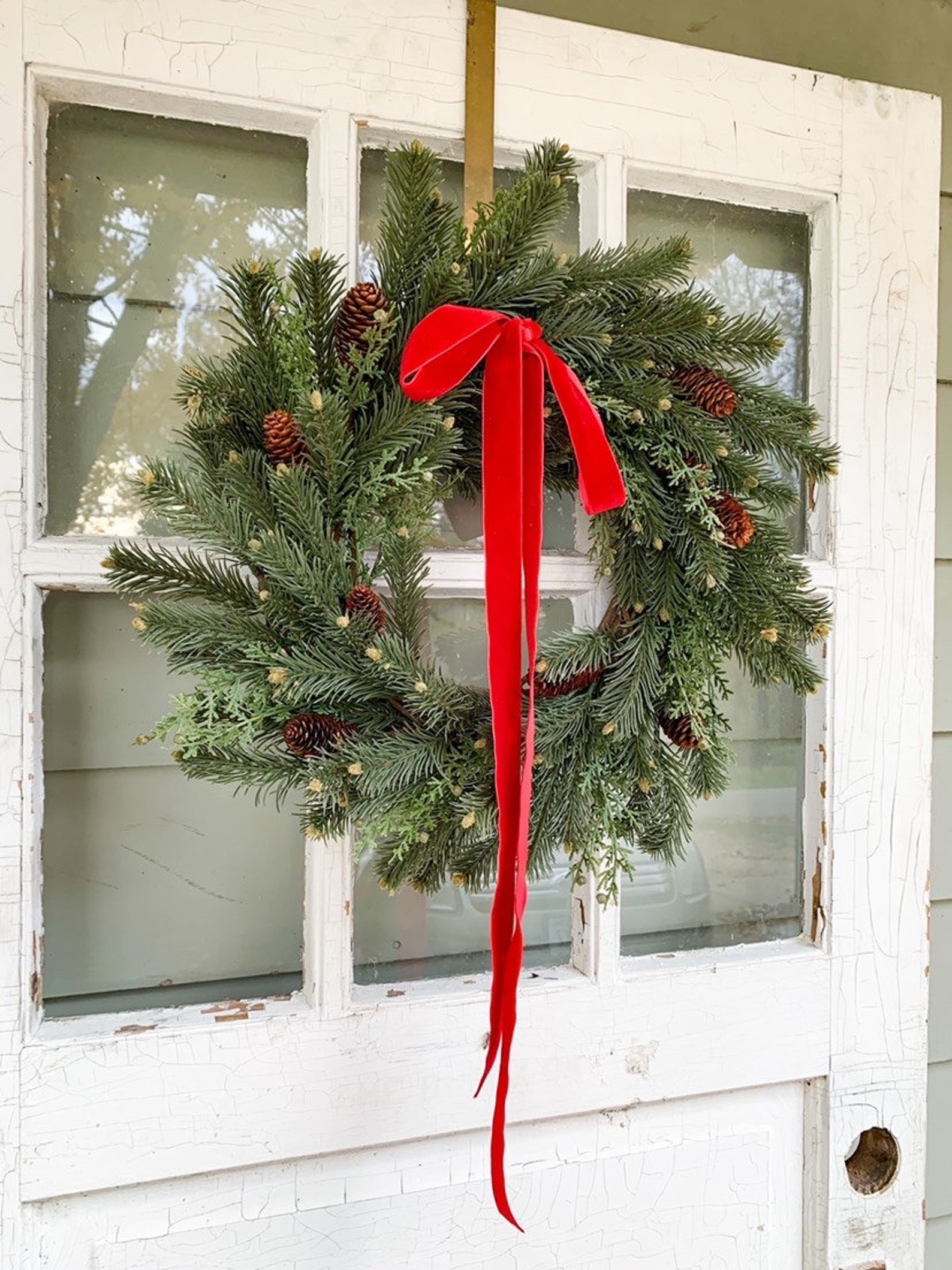Rustic Winter Pine Wreath With Red Velvet Ribbon, Holiday Wreath ...