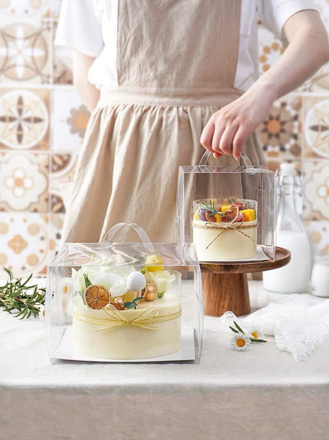 White Clear Cake Box With Handle Cake Carriers Transparent Birthday ...