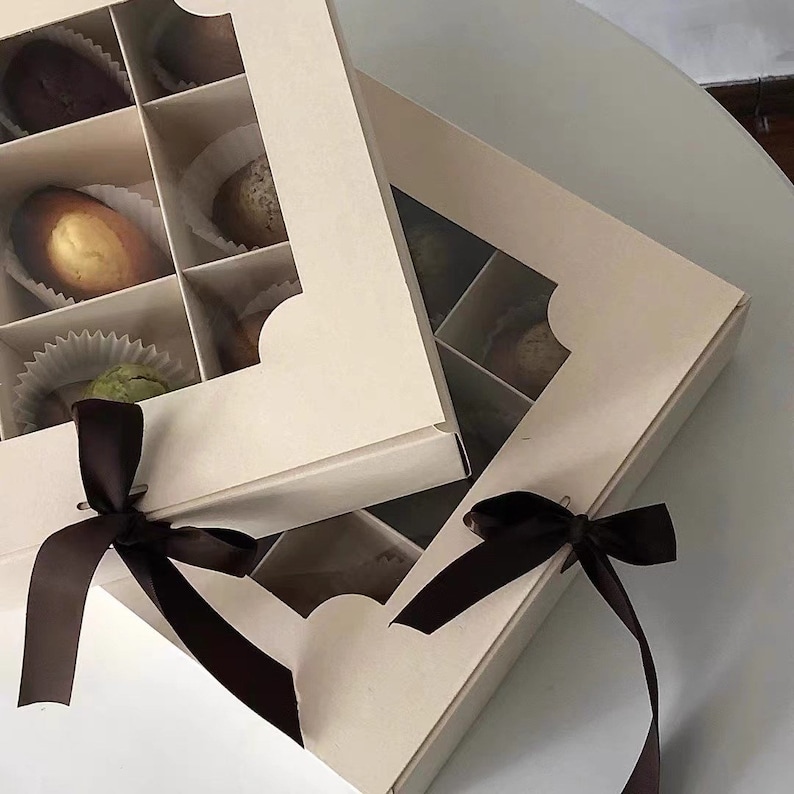 Off White Pastry Boxes With Windows and Brown Ribbon-4 Compartment Box ...