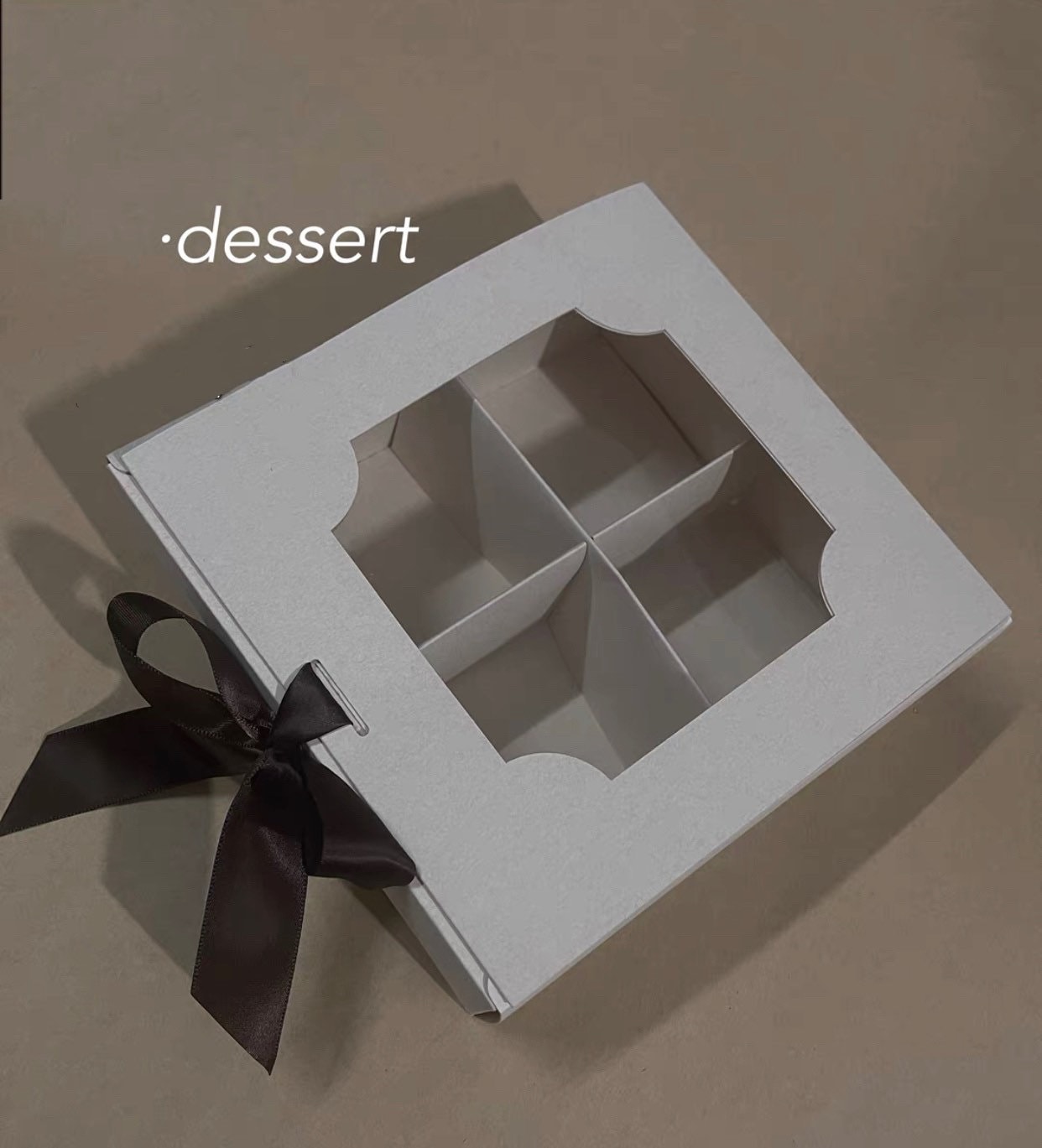 Off White Pastry Boxes With Windows and Brown Ribbon-4 Compartment Box ...
