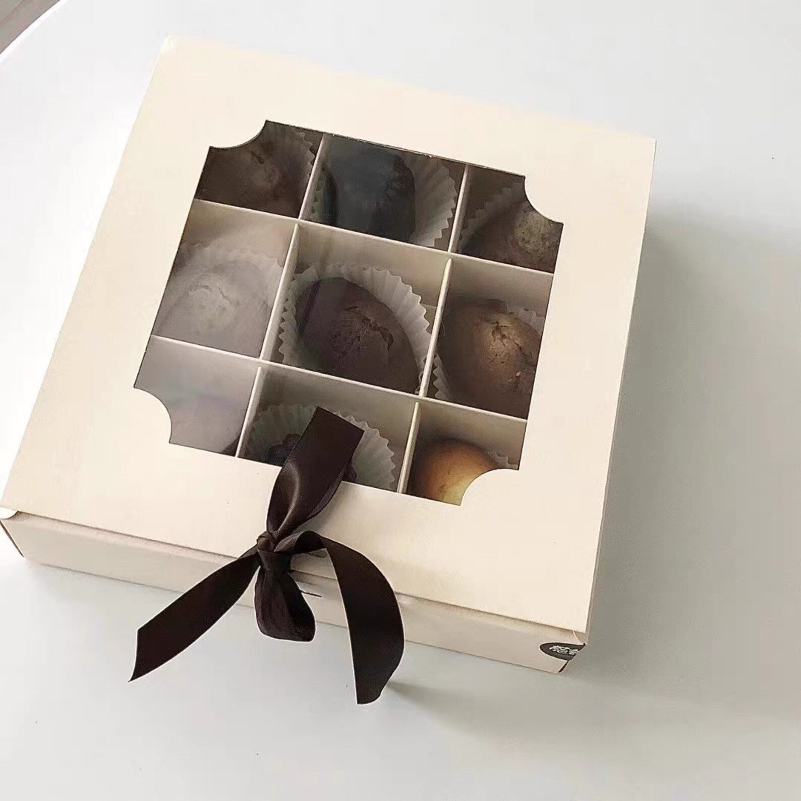 Off White Pastry Boxes With Windows and Brown Ribbon-4 Compartment Box ...