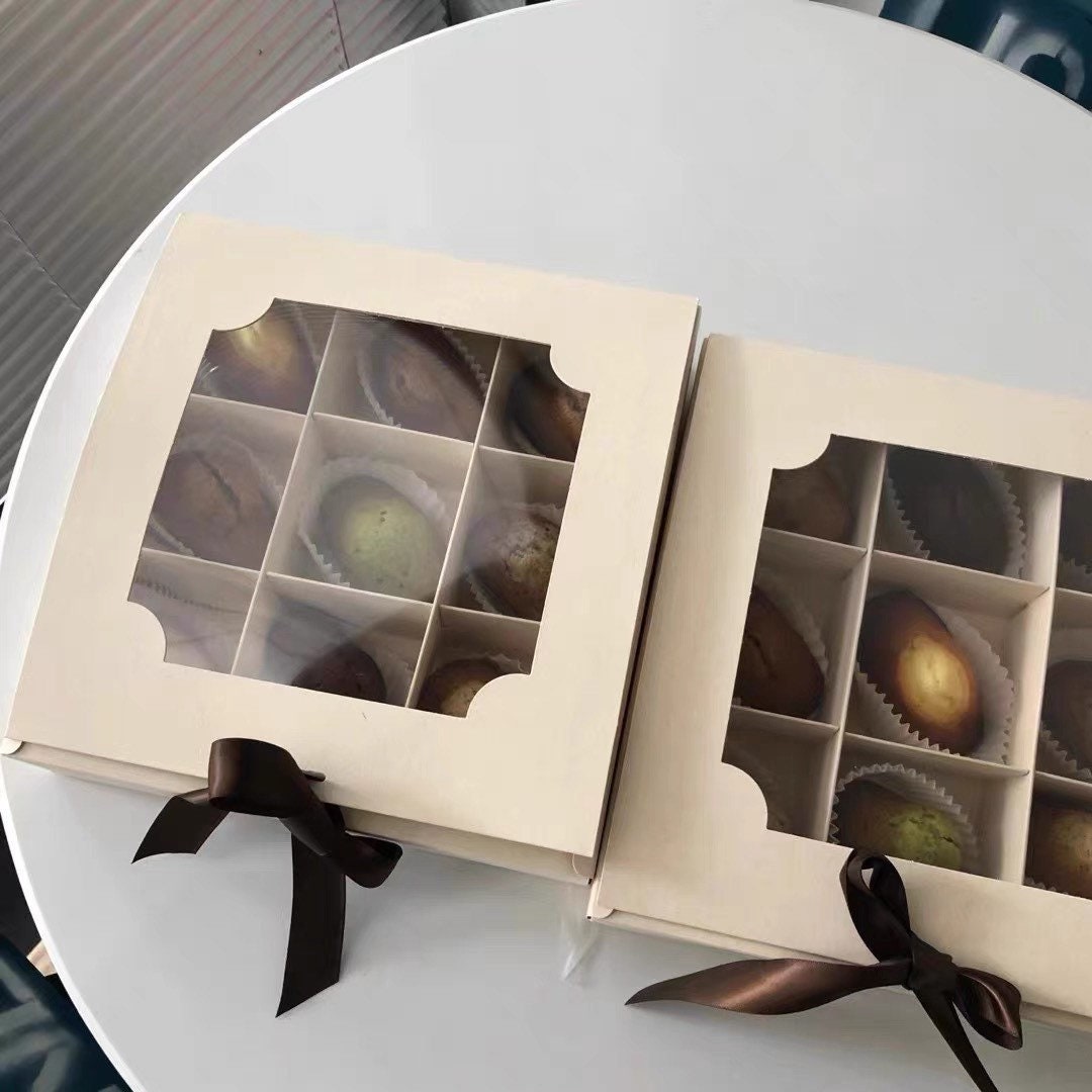 Off White Pastry Boxes With Windows and Brown Ribbon-4 Compartment Box ...