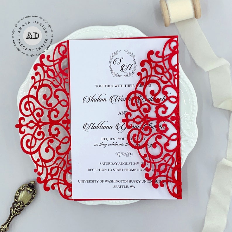 Romantic Red Laser Cut Floral Wedding Invitation With Tag and Envelope ...
