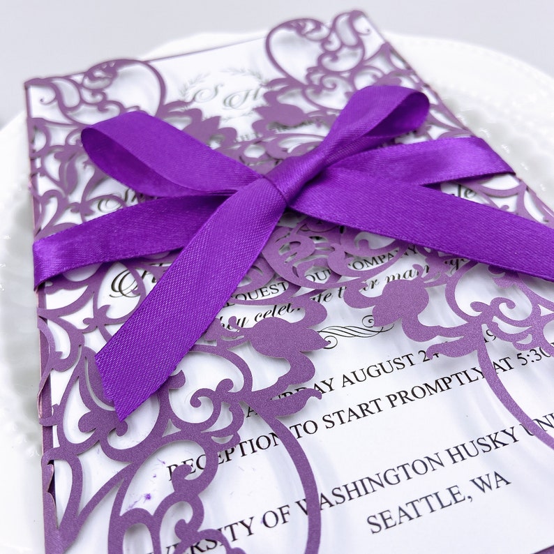 Custom Elegant Purple Laser Cut Wedding Invitation With Customized ...