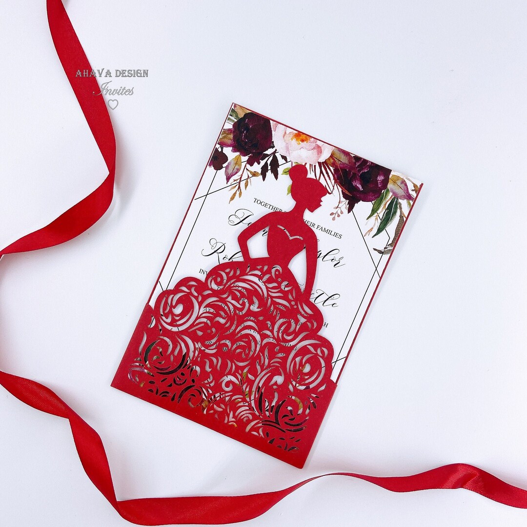 Elegant Red Girl Wedding Invites With Printable Insert, Shimmery Dress ...
