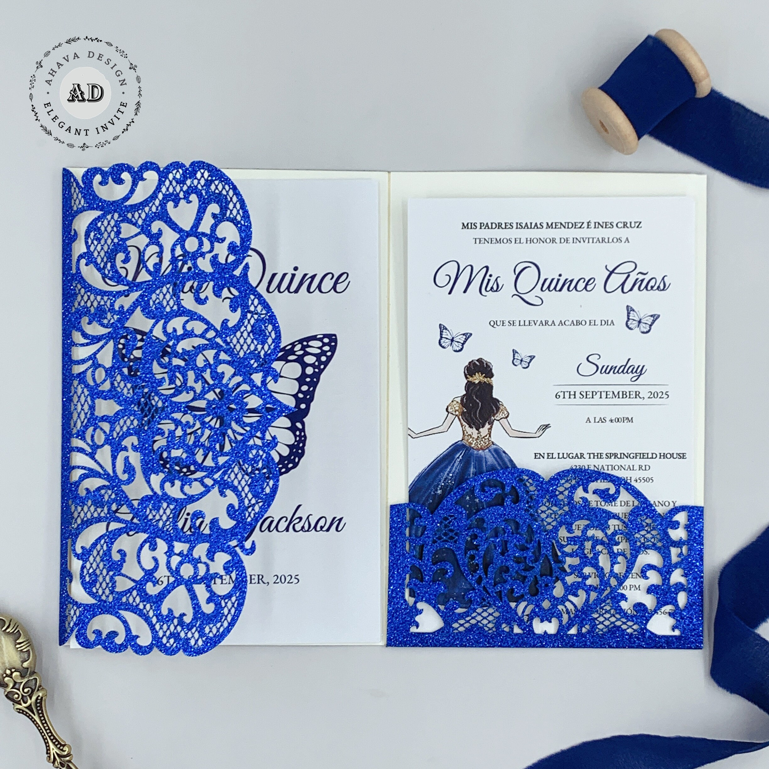 Glitter Royal Blue Tri Fold Laser Cut Girl Quinceanera Invite, Gorgeous ...