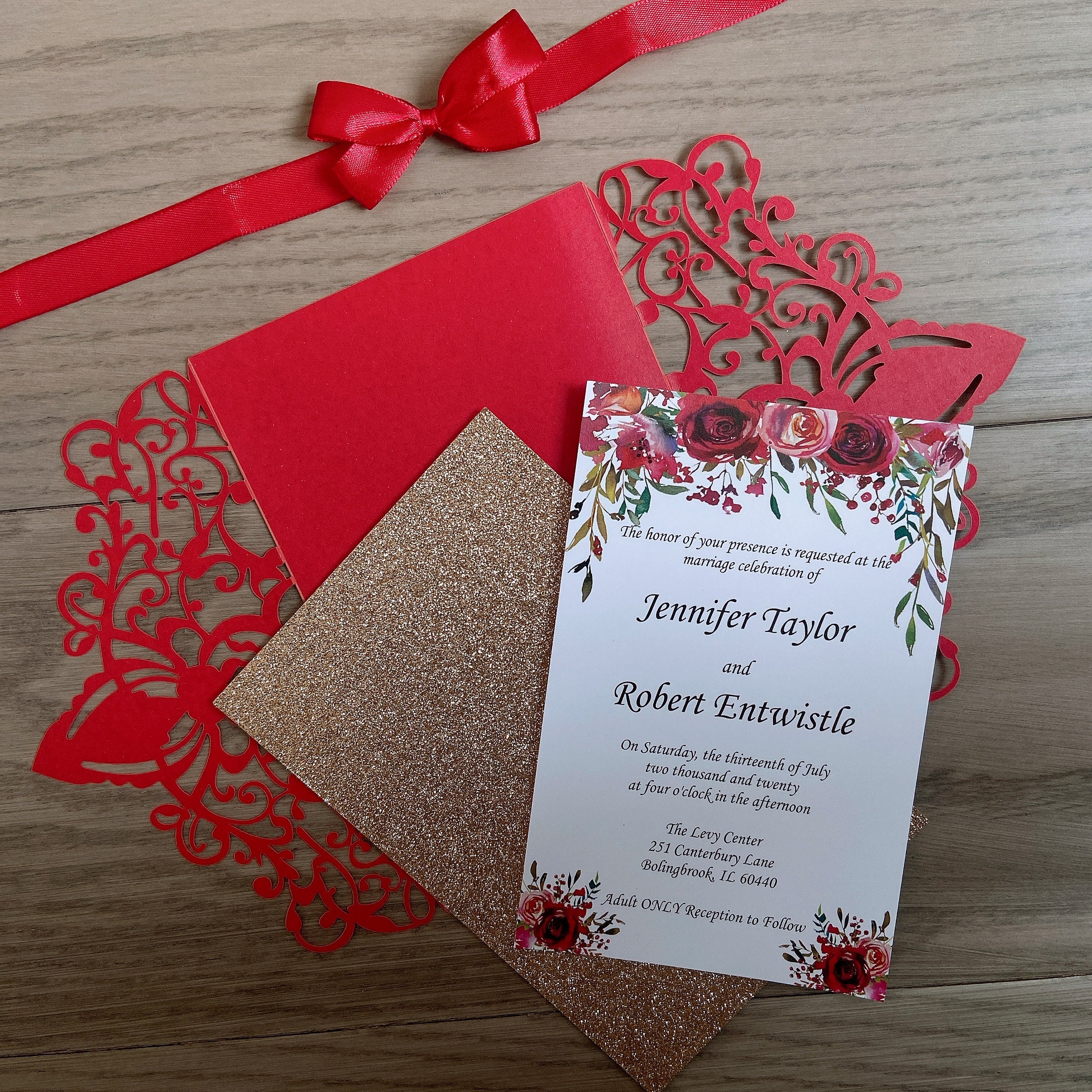 Red And Gold Cards Pack DIY Wedding Invitations with Envelopes | Etsy