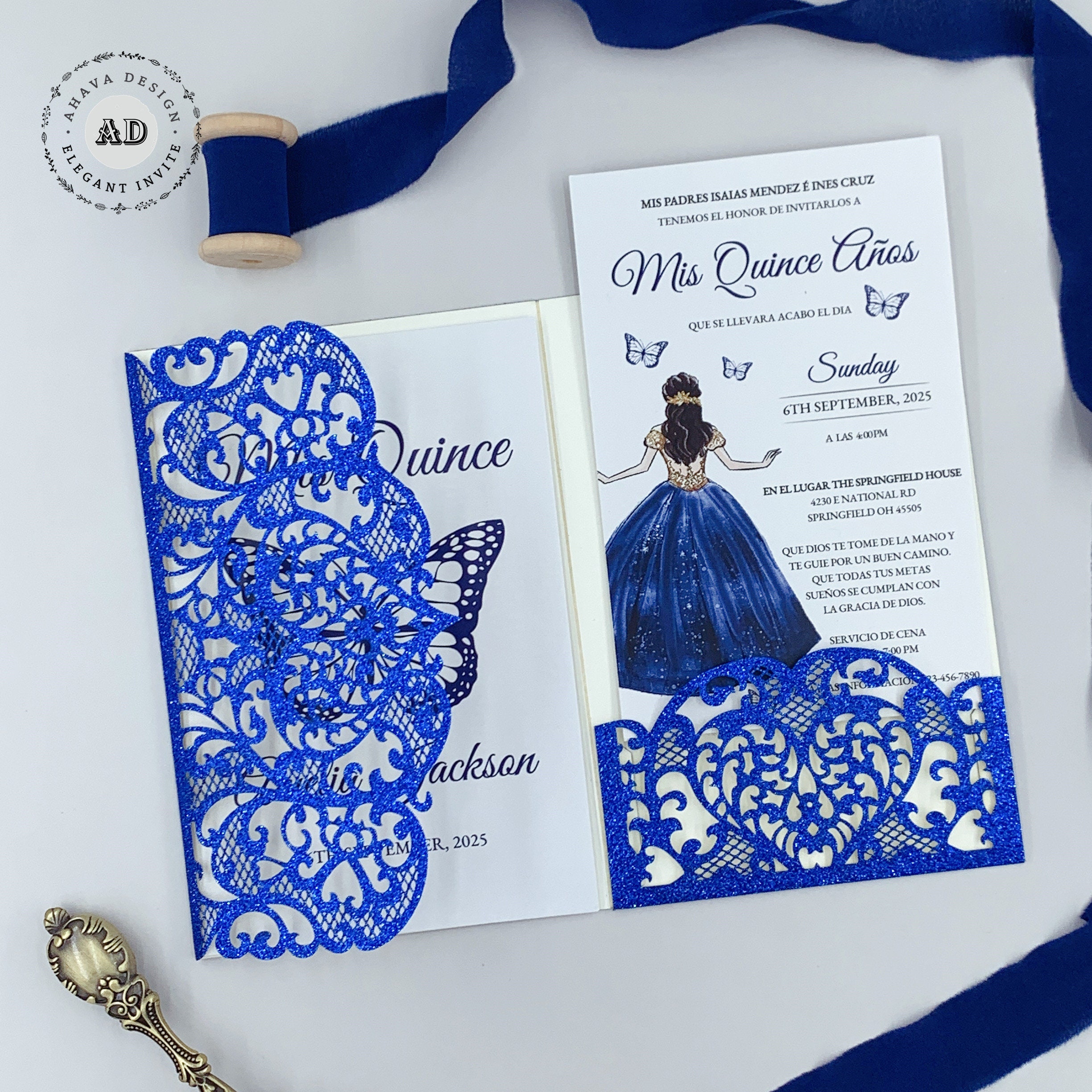 Glitter Royal Blue Tri Fold Laser Cut Girl Quinceanera Invite, Gorgeous ...
