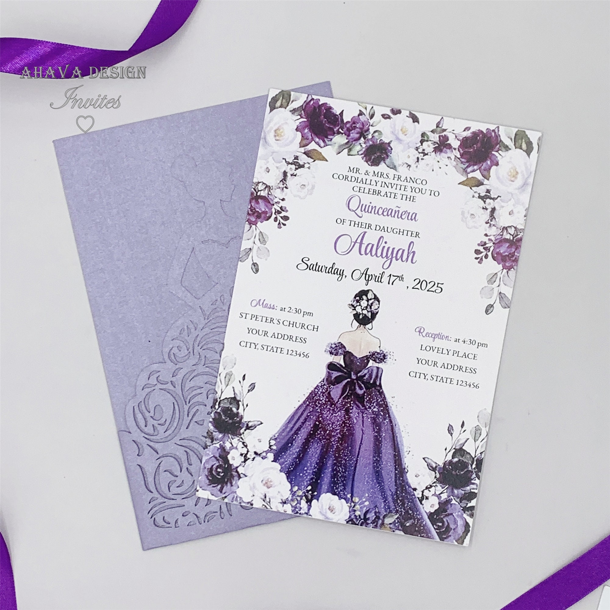 Lavender MIS XV AÑOS Birthday Invites, Elegant Girl Sweet 16 Invitation ...