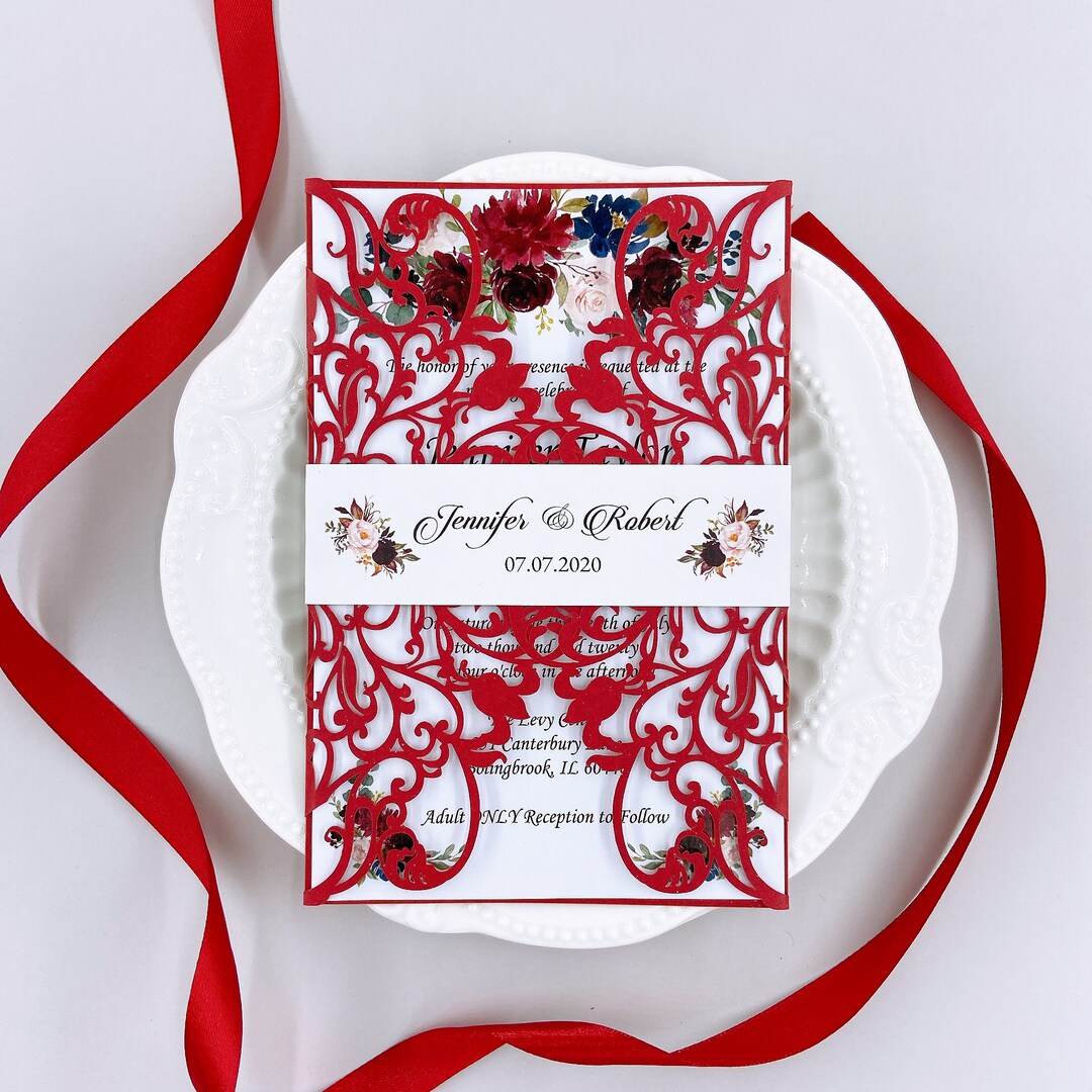 Custom Elegant Red Laser Cut Wedding Invitation With Printed Belly Band ...