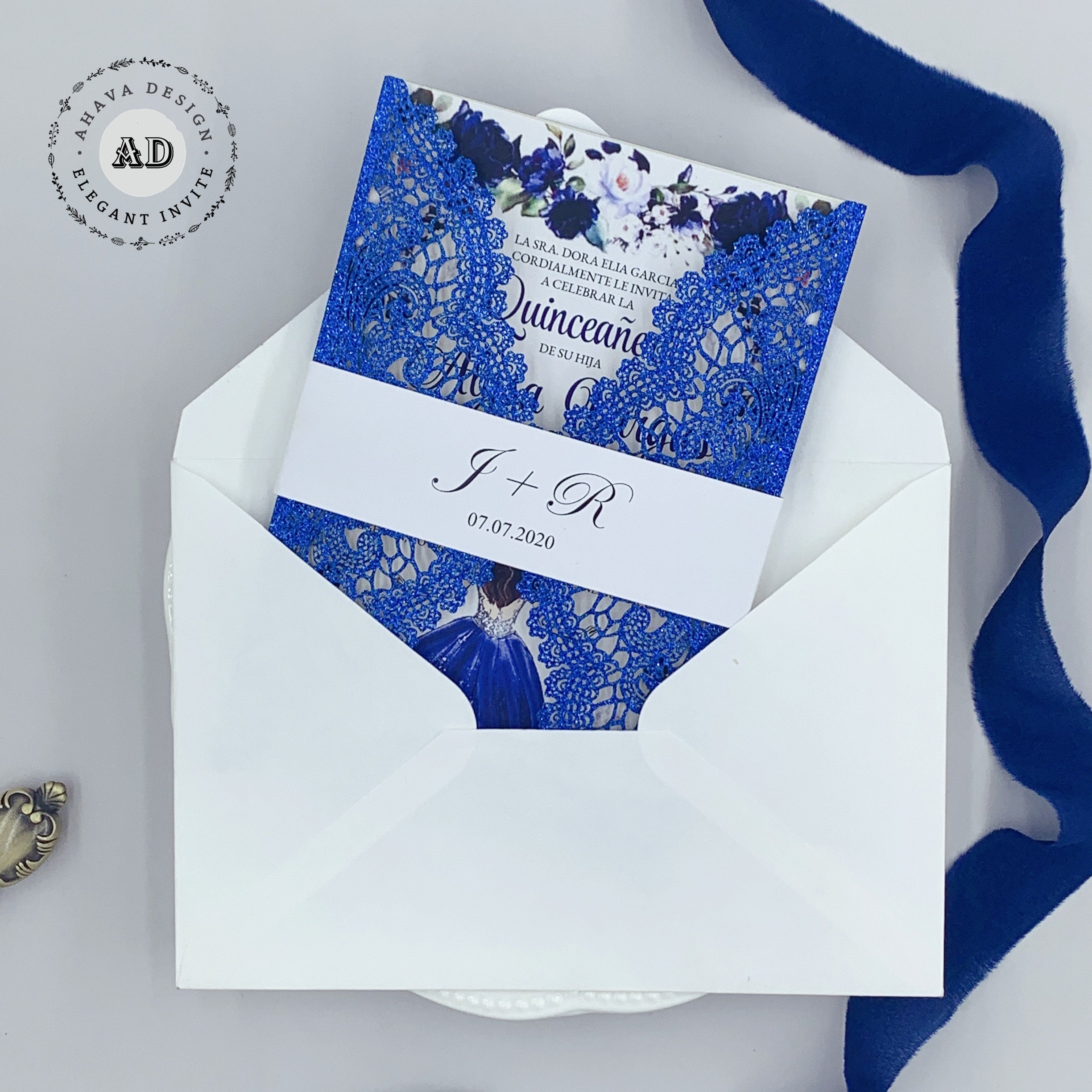 Glitter Royal Blue Laser Cut Lace Invitation Customized - Etsy