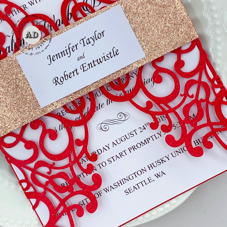 Romantic Red Laser Cut Floral Wedding Invitation With Tag and Envelope ...
