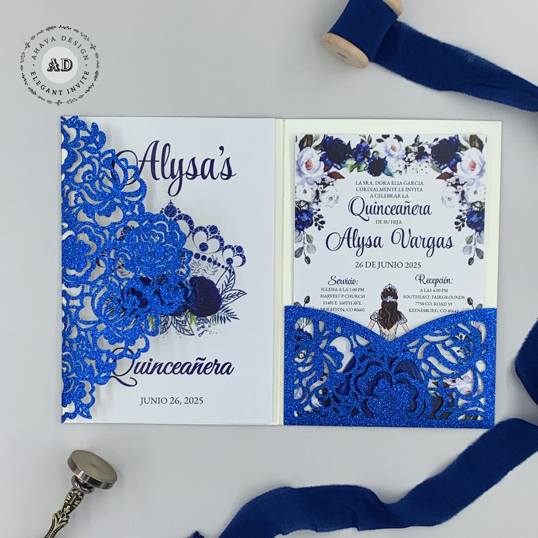 Glitter Royal Blue Tri Fold Laser Cut Rose Floral Invite for Girl ...