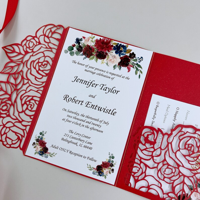 Special Red Laser Cut Wedding Invitations Floral Design Pocket, Laser ...