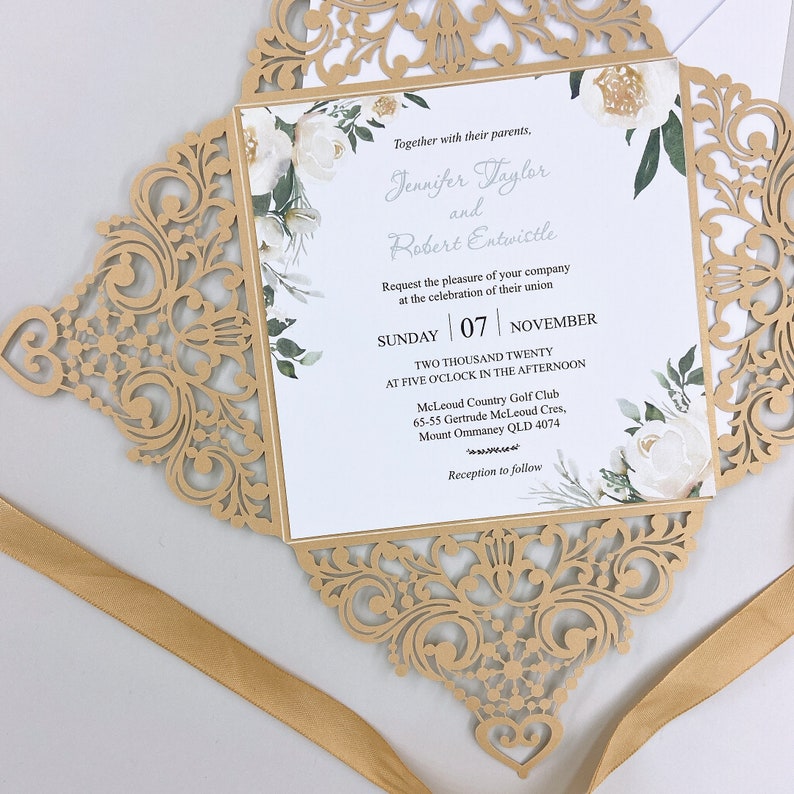 Laser Cut Wedding Invitations Gold Pocket Wedding Invitations Die Cut ...
