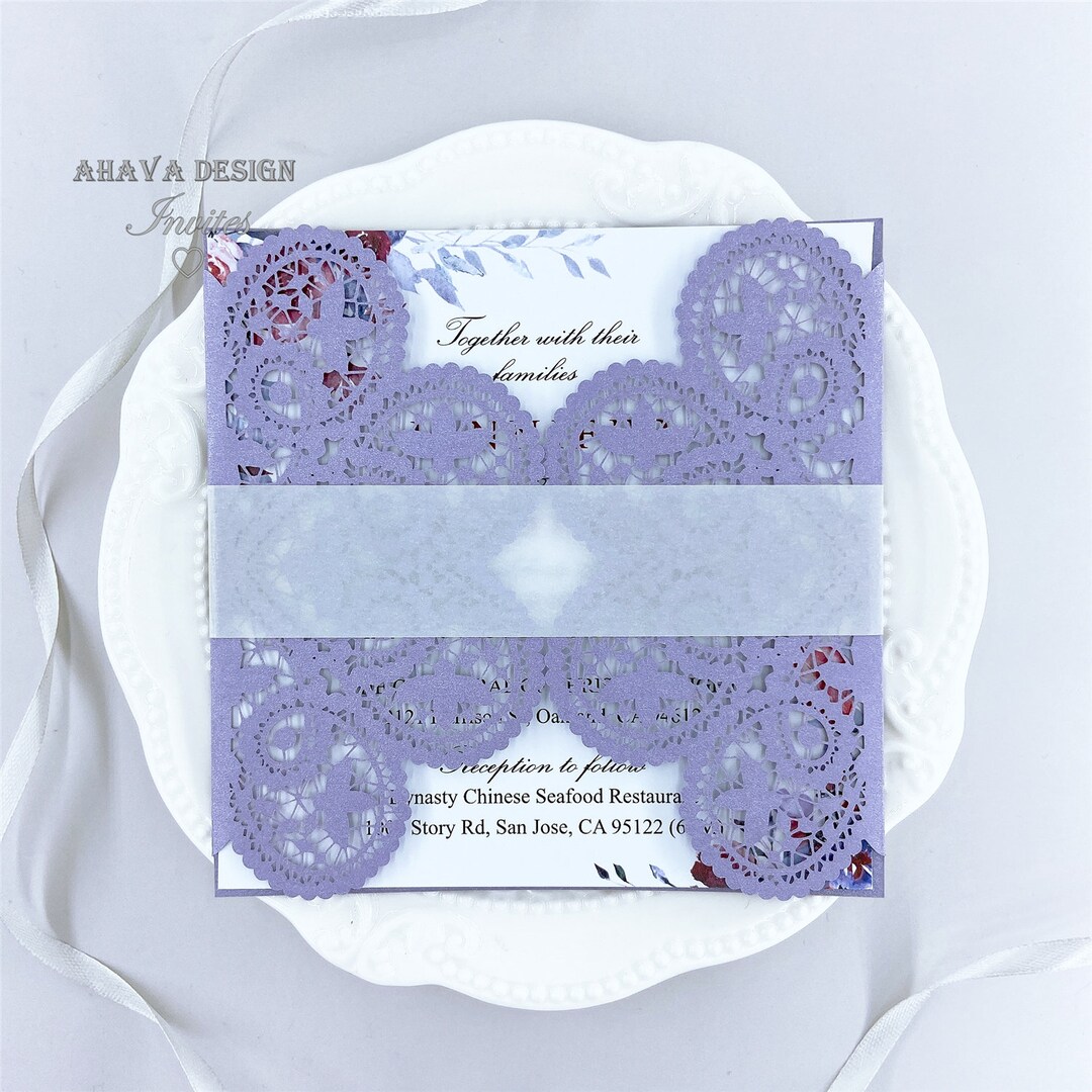 Unique Violet Floral Laser Cutting Wedding Invitates With Vellum Band ...