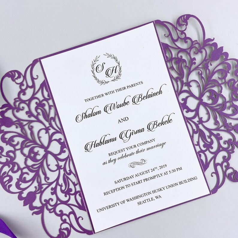 Custom Elegant Purple Laser Cut Wedding Invitation With Customized ...