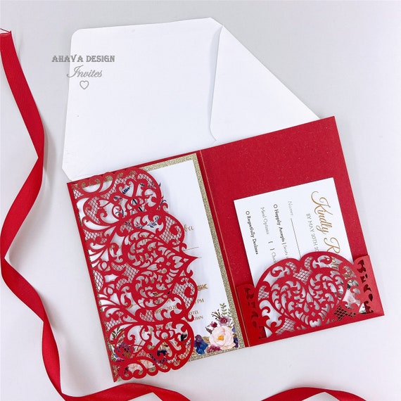 Red Laser Cut Wedding Invitations Carry Bag Style Laser Cut Ganesh