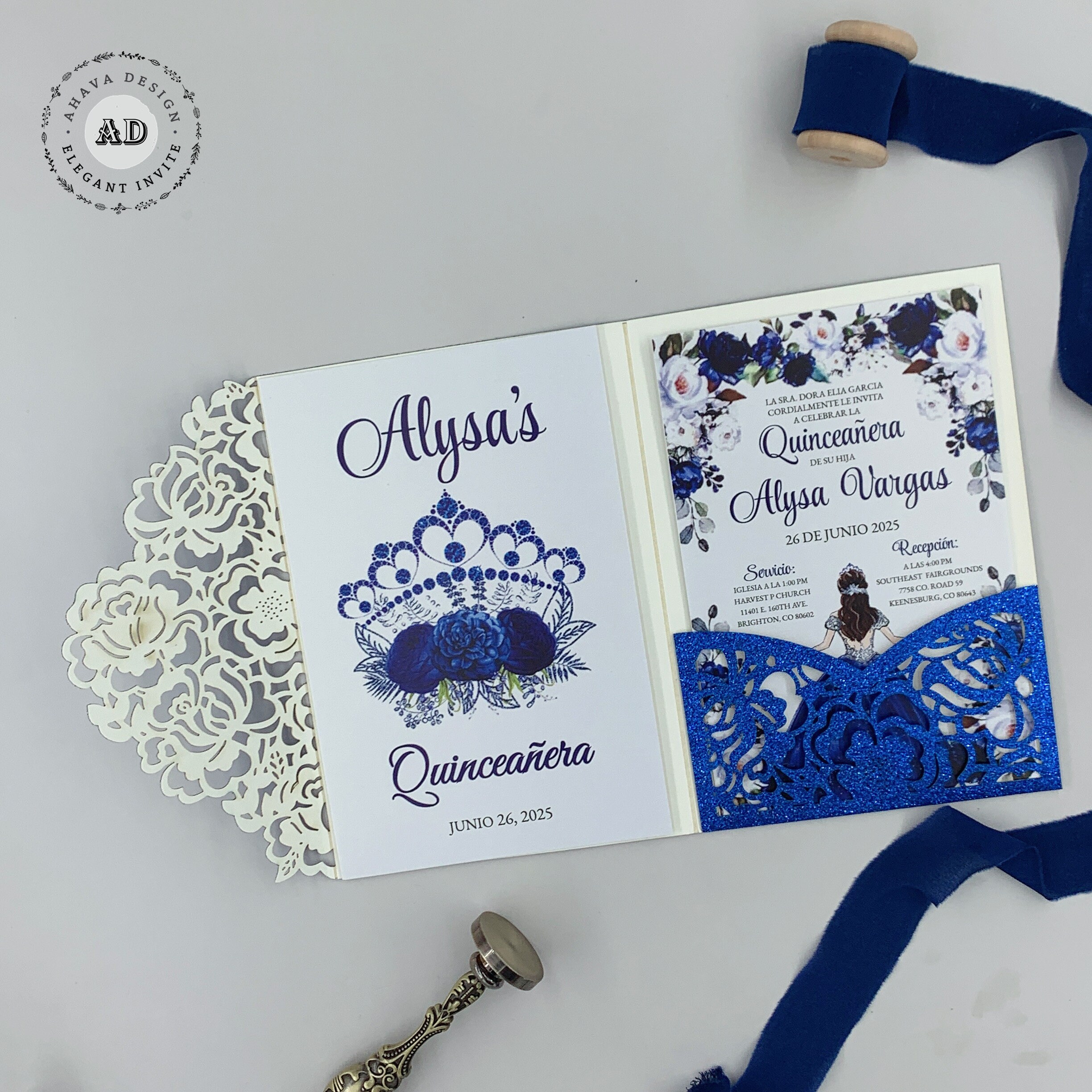 Glitter Royal Blue Tri Fold Laser Cut Rose Floral Invite for Girl ...