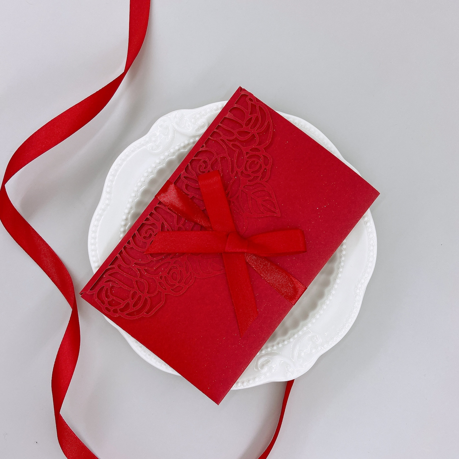 Special Red Laser Cut Wedding Invitations Floral Design Pocket, Laser ...