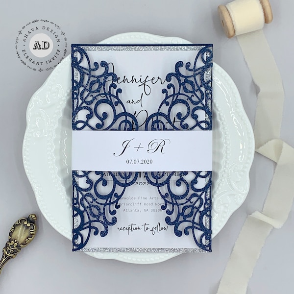 Navy Blue and Silver Wedding Invitations - Etsy