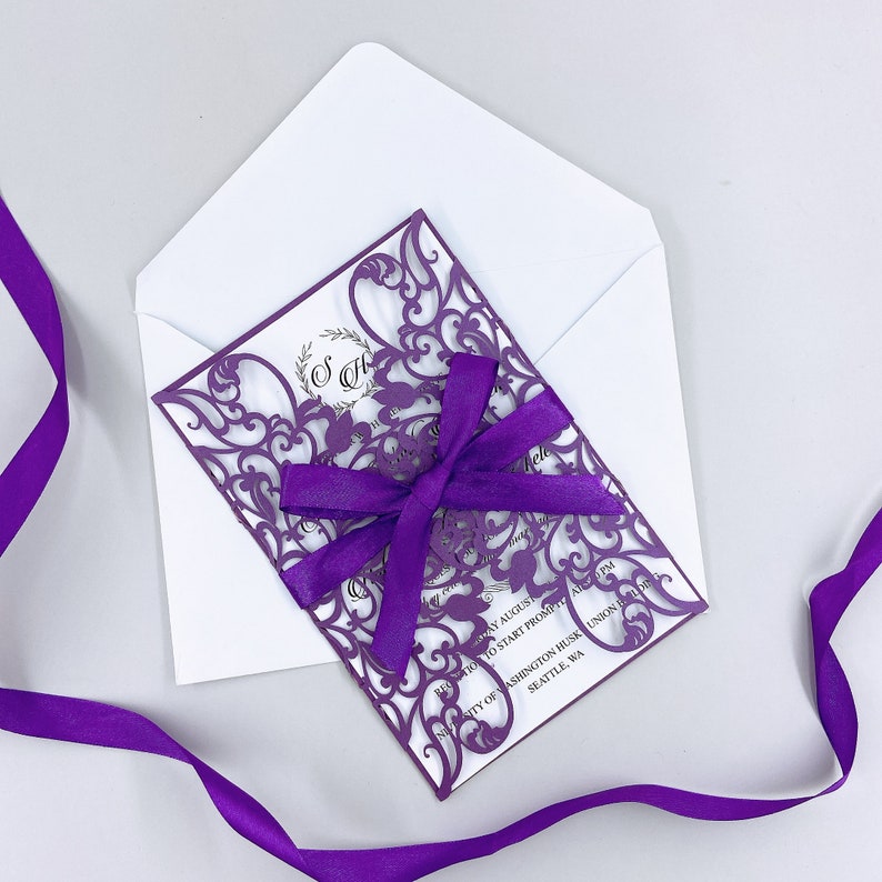 Custom Elegant Purple Laser Cut Wedding Invitation With Customized ...