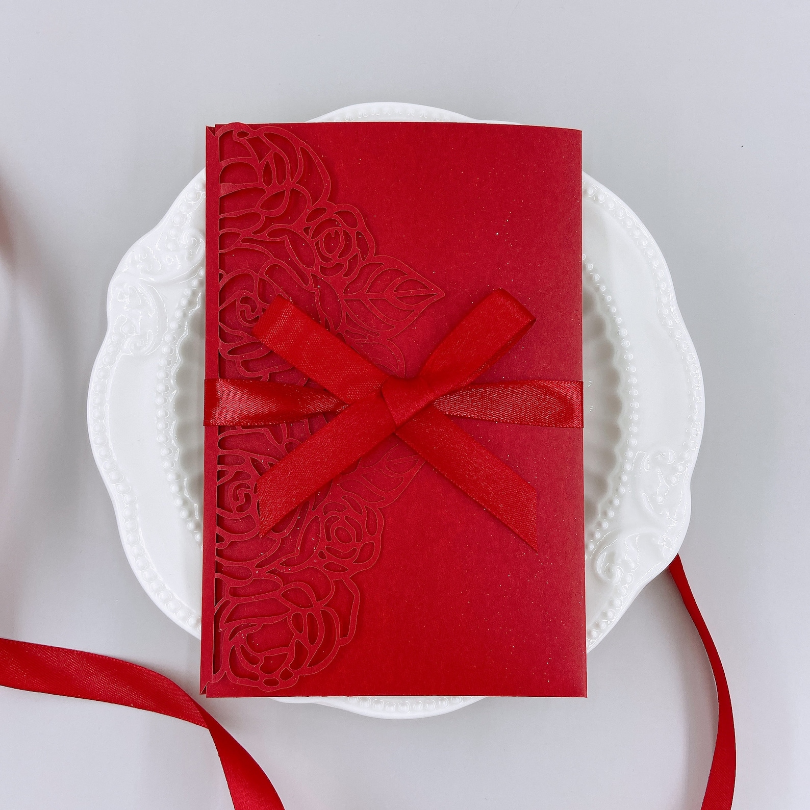 Special Red Laser Cut Wedding Invitations Floral Design Pocket, Laser ...