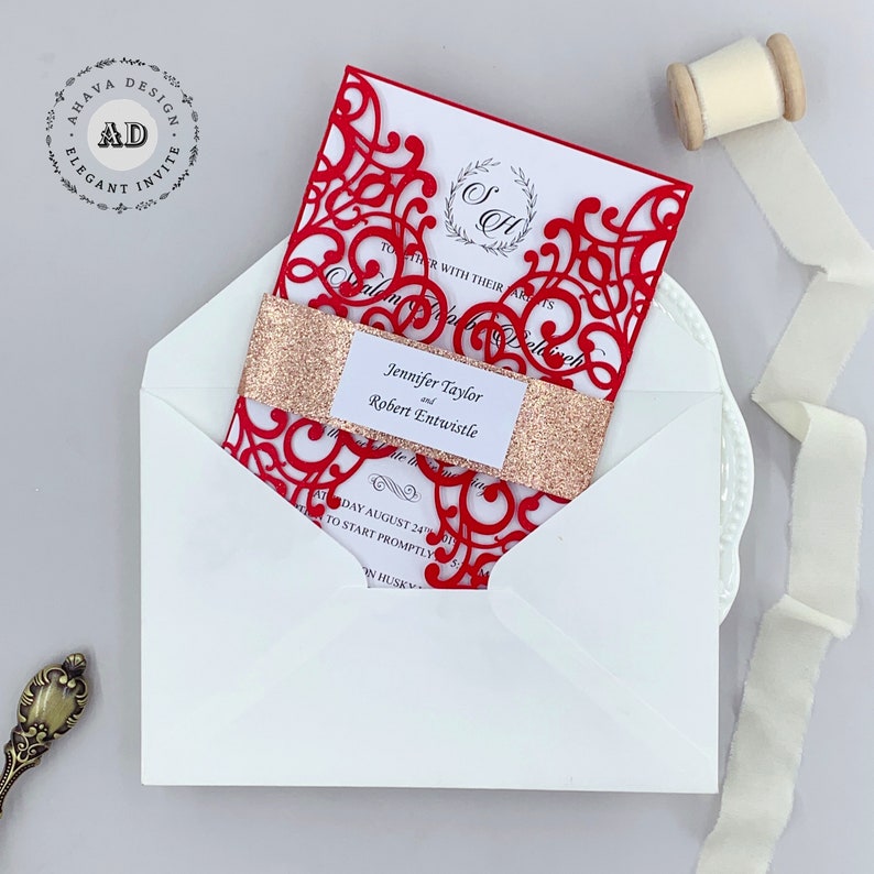 Romantic Red Laser Cut Floral Wedding Invitation With Tag and Envelope ...