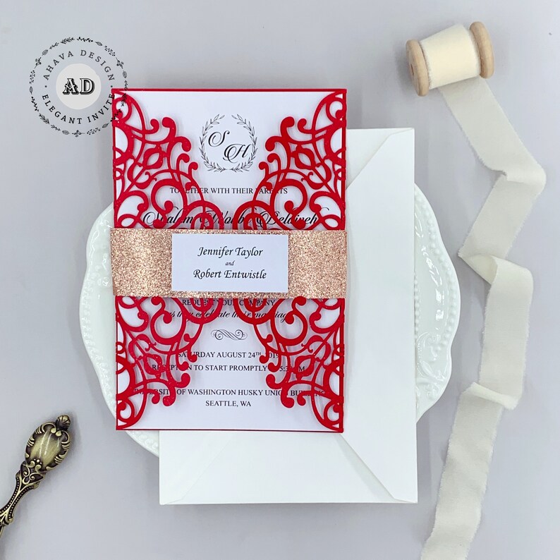 Romantic Red Laser Cut Floral Wedding Invitation With Tag and Envelope ...
