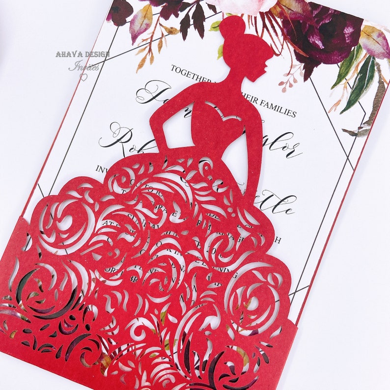 Elegant Red Girl Wedding Invites With Printable Insert, Shimmery Dress ...