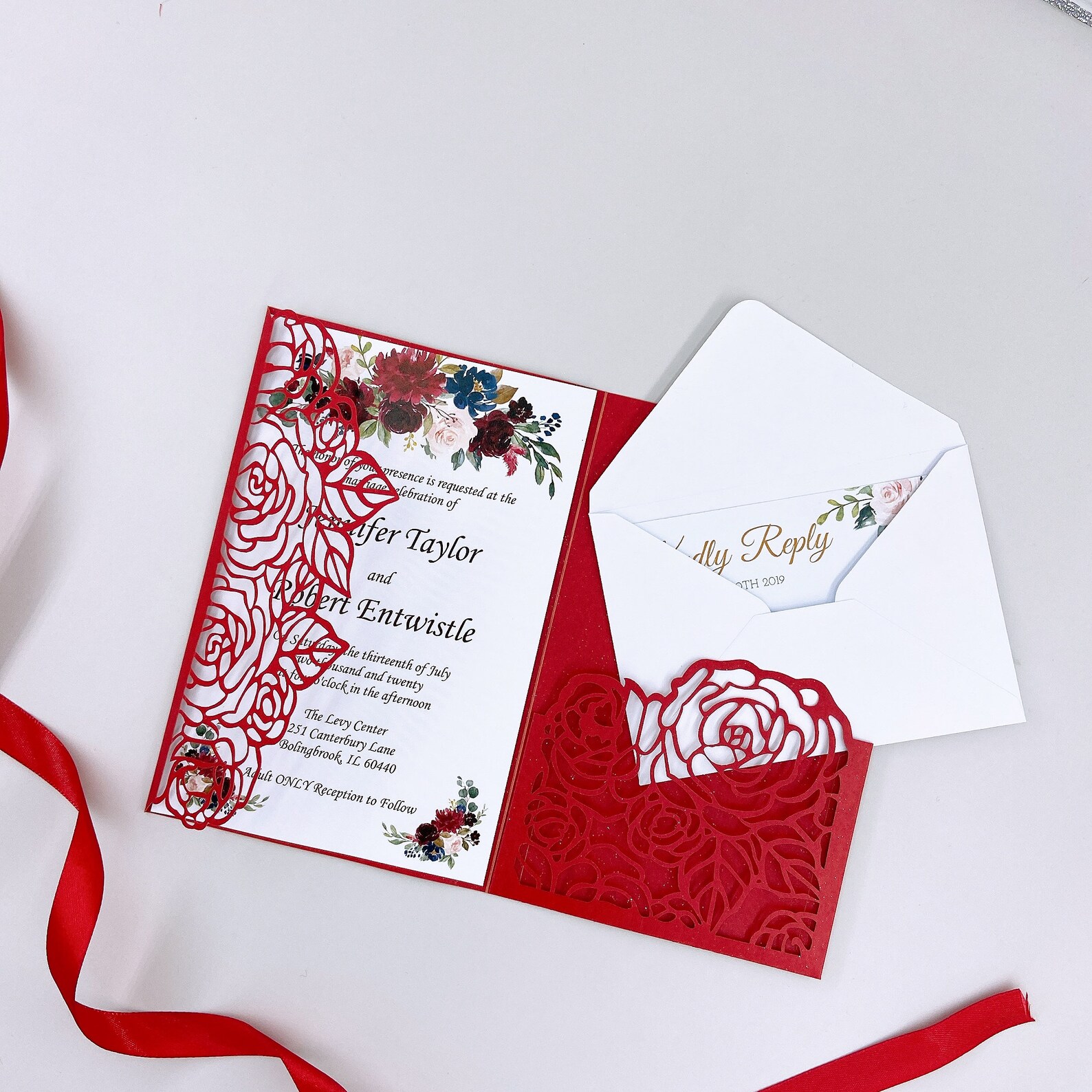 Special Red Laser Cut Wedding Invitations Floral Design Pocket, Laser ...