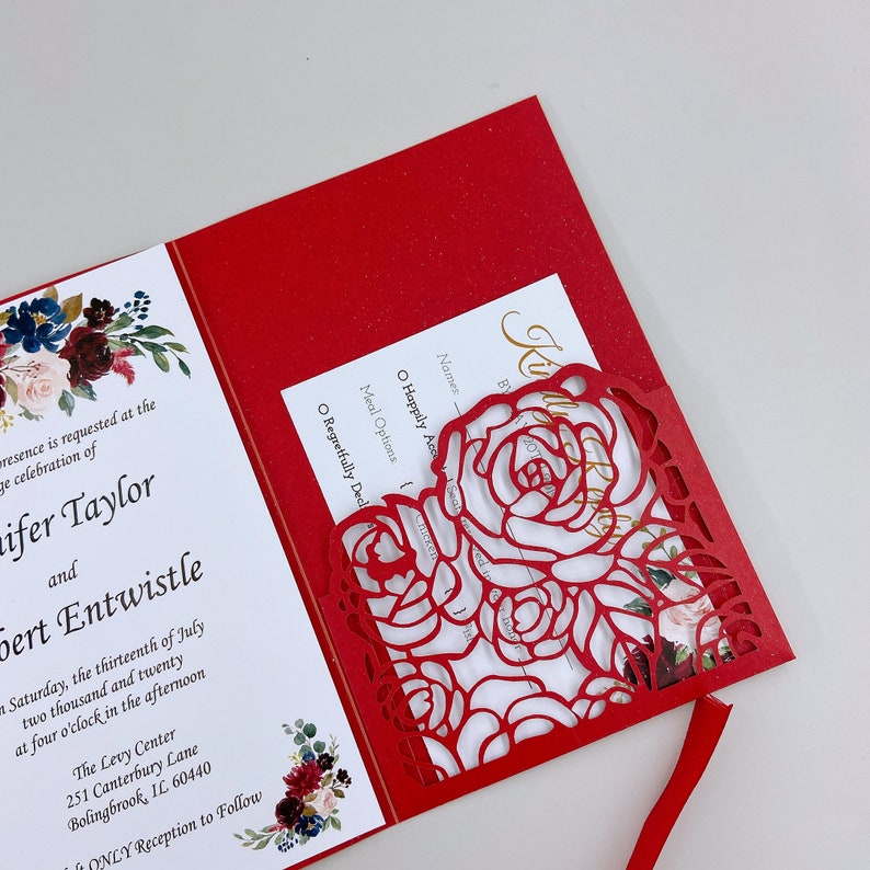 Special Red Laser Cut Wedding Invitations Floral Design Pocket, Laser ...