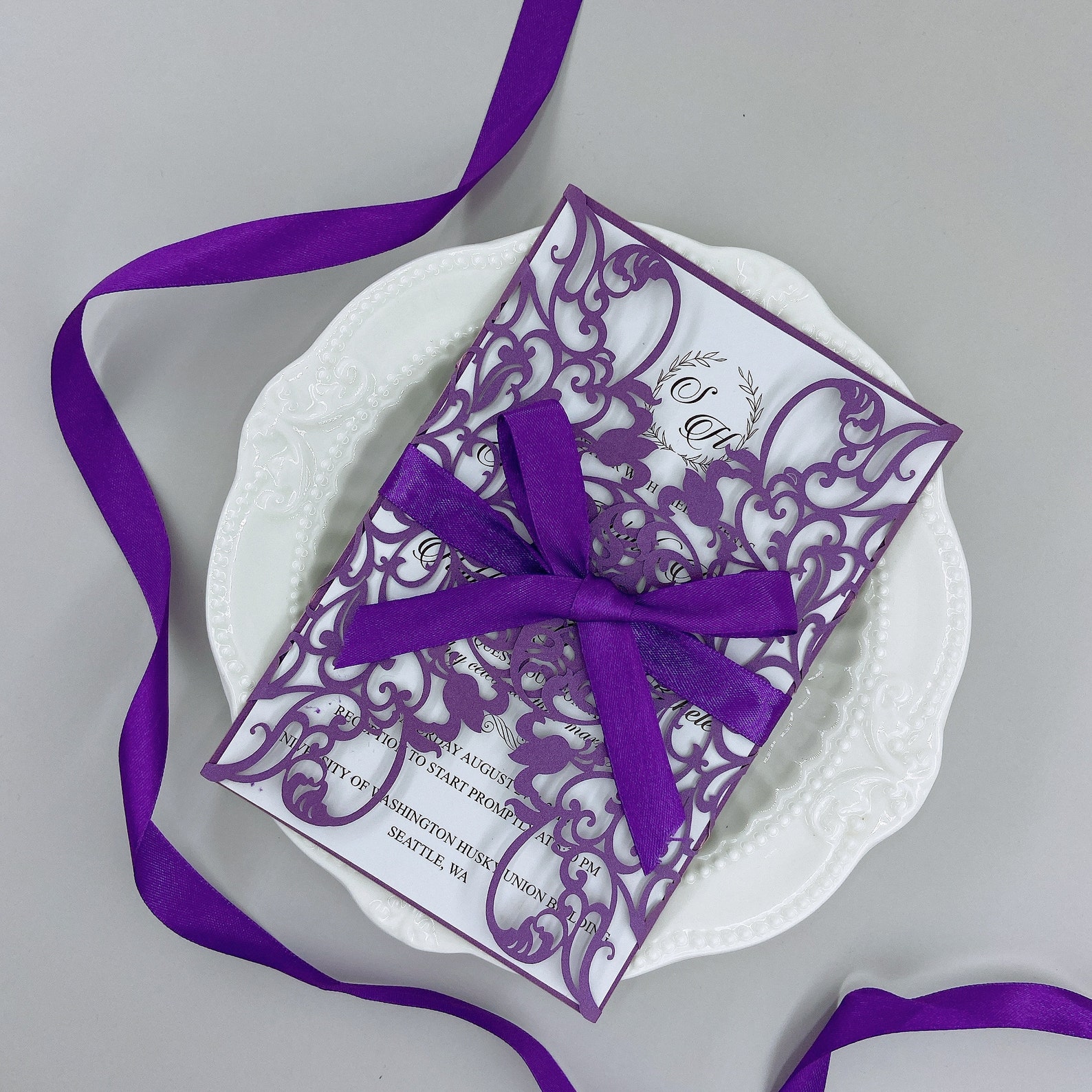 Custom Elegant Purple Laser Cut Wedding Invitation With Customized ...