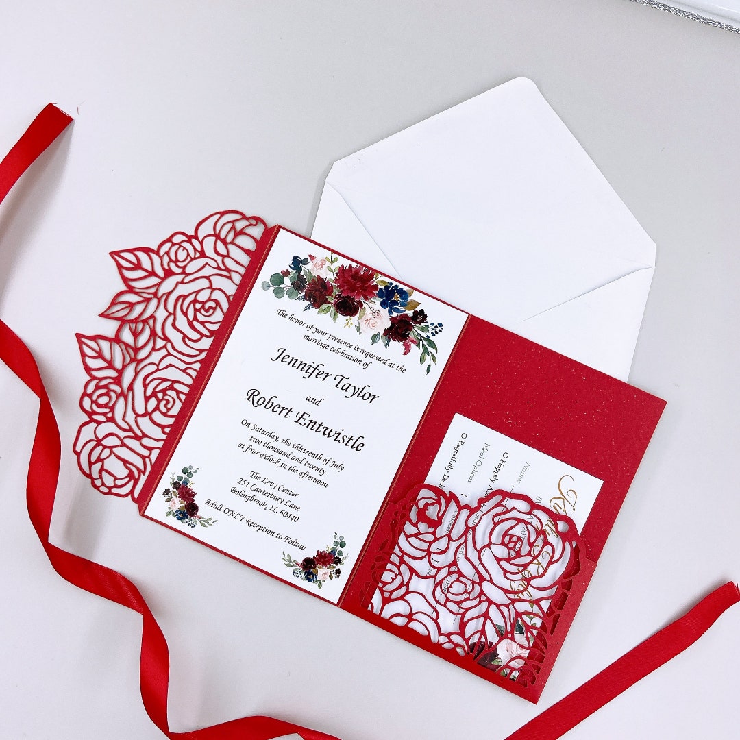 Special Red Laser Cut Wedding Invitations Floral Design Pocket, Laser ...
