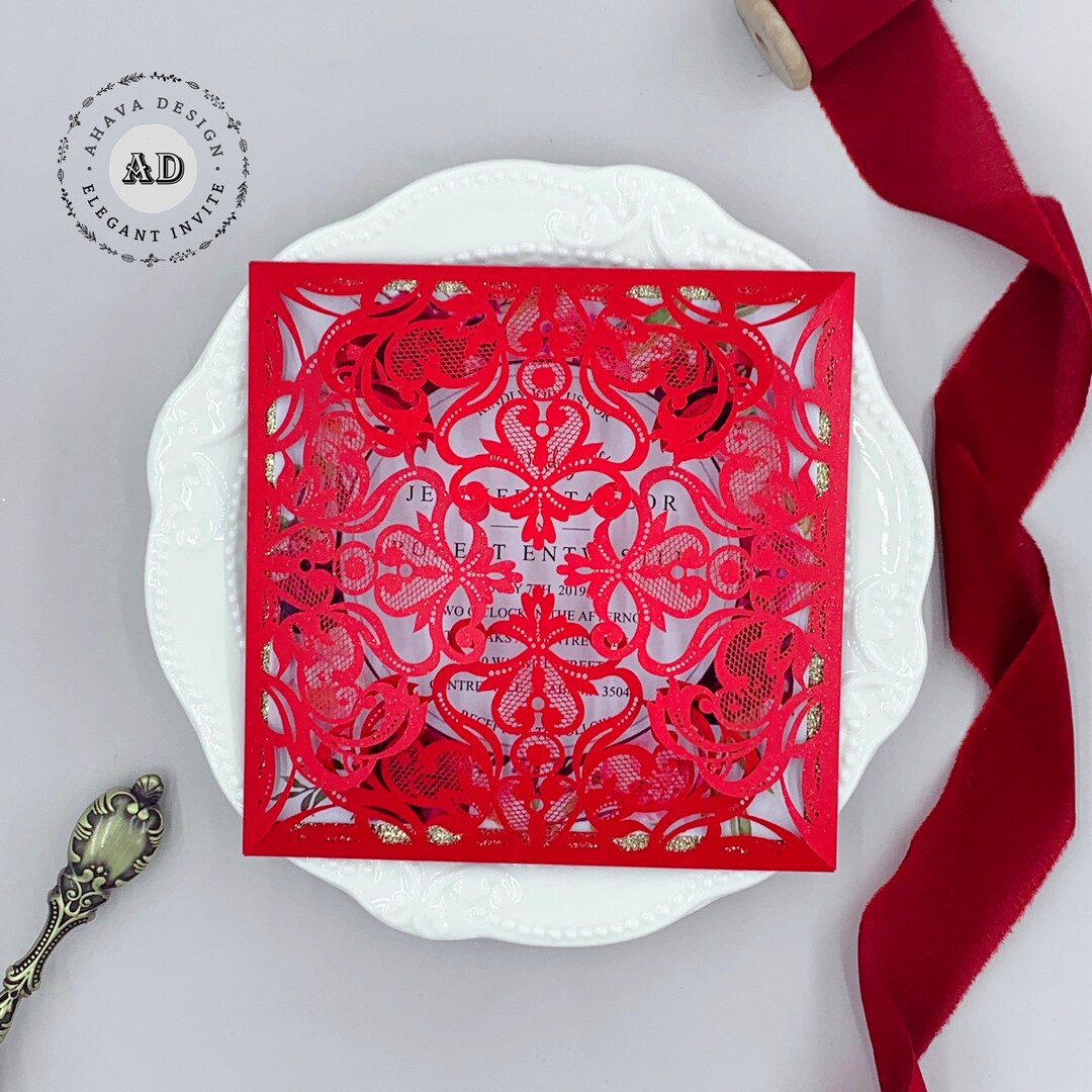 Framed in Red Laser Cut Fold With Glitter Champagne and Classic Invites ...
