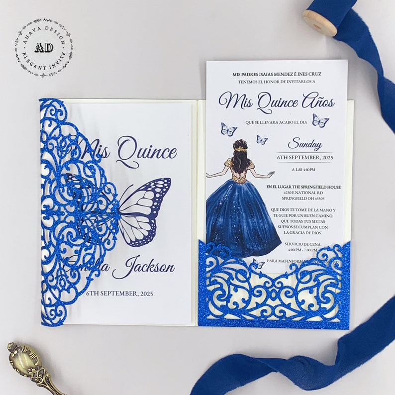 Glitter Royal Blue Tri Fold Laser Cut Quinceanera Sweet Sixteen Invites ...