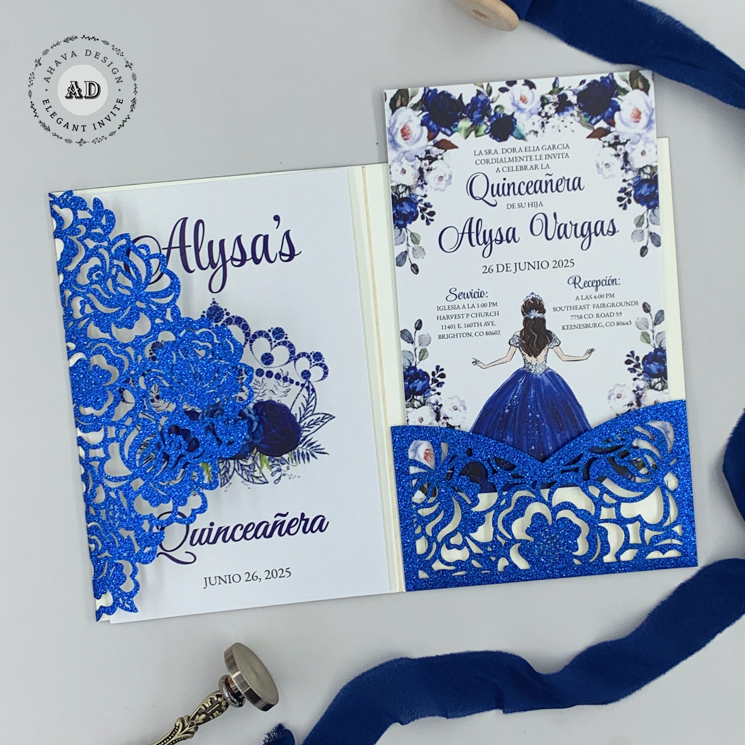 Glitter Royal Blue Tri Fold Laser Cut Rose Floral Invite for Girl ...
