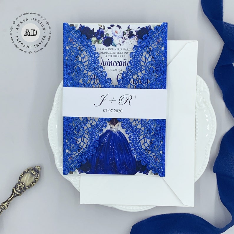 Glitter Royal Blue Laser Cut Lace Invitation Customized - Etsy