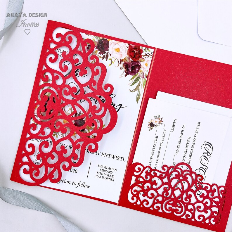 Customized Red Floral Laser Cut Wedding Invitation, Gorgeous Invite ...