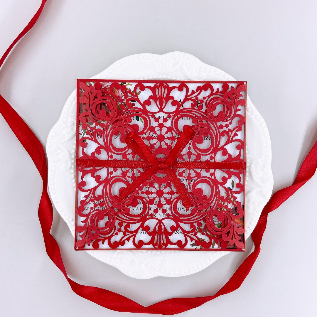 Romantic Shimmer Red Laser Cut Wedding Invitation, Gorgeous Invitation ...