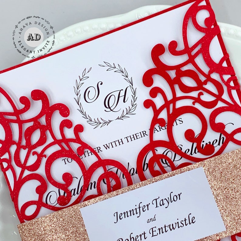 Romantic Red Laser Cut Floral Wedding Invitation With Tag and Envelope ...